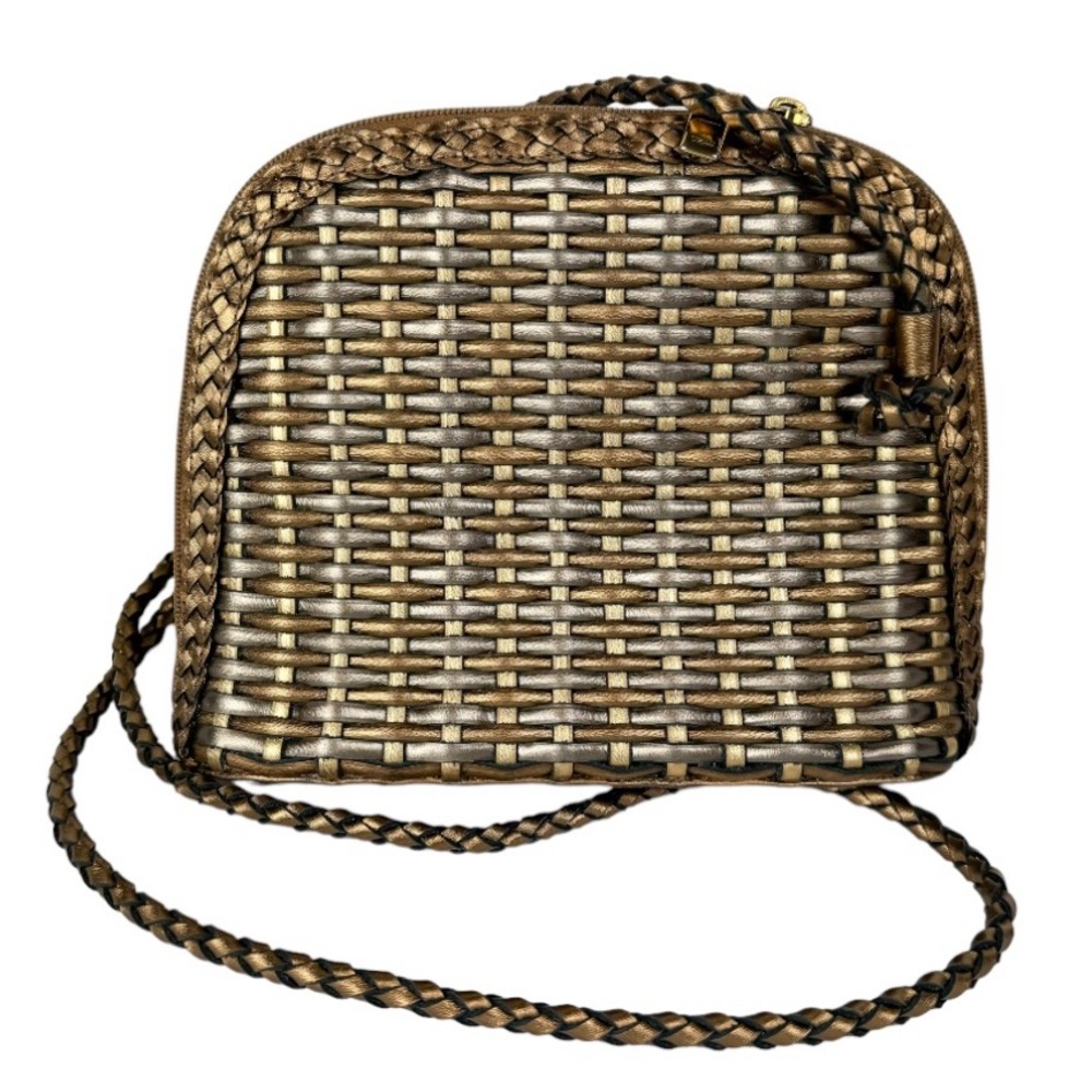 Vtg Cem Gold Metallic Woven Leather Crossbody Bag Ful… - Gem